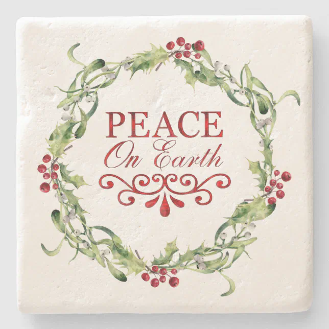 Red and Green Holly Wreath Peace on Earth Stone Coaster | Zazzle