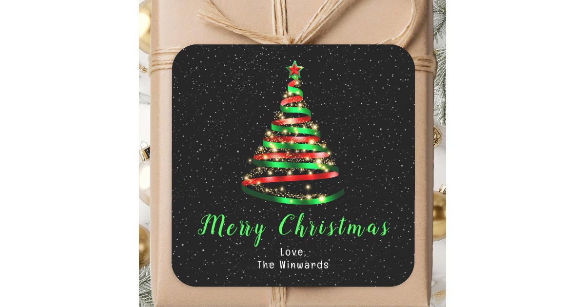 Red and Green Ribbon Tree Merry Christmas Square Sticker | Zazzle