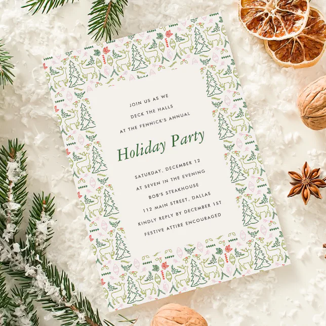 Red and Green Scandinavian Pattern Holiday Party Invitation | Zazzle