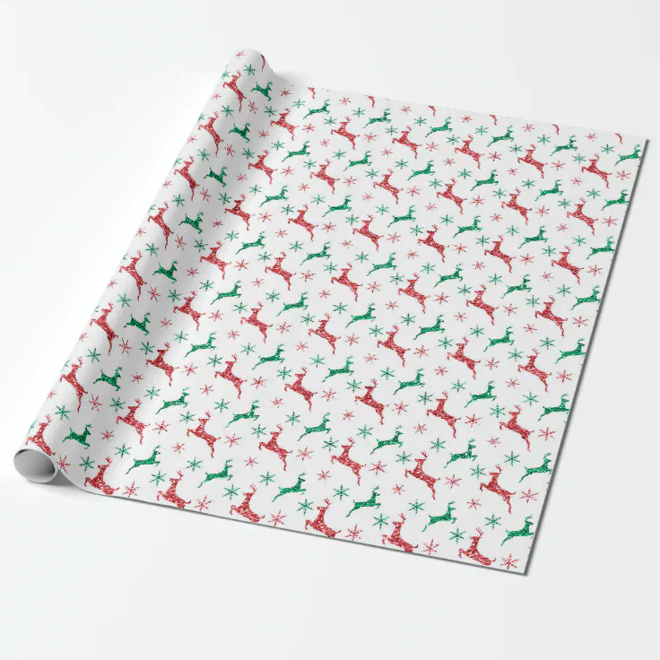 Red And Green Sparkling Glitter Reindeer Wrapping Paper | Zazzle