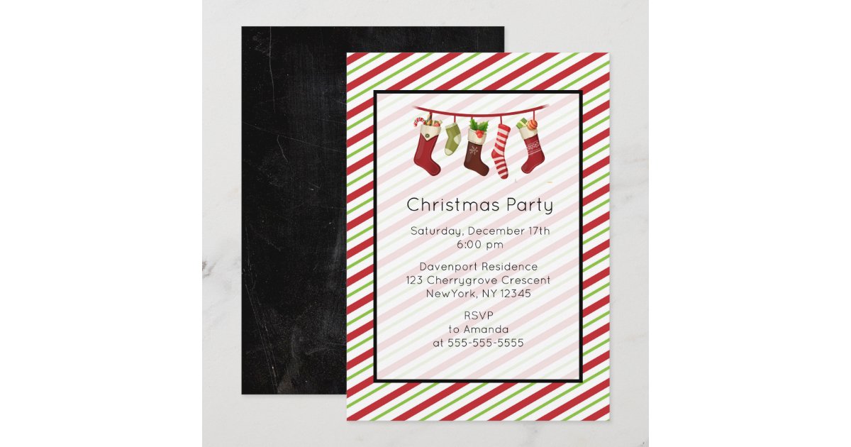 Red And Green Striped Christmas Party Invitation | Zazzle