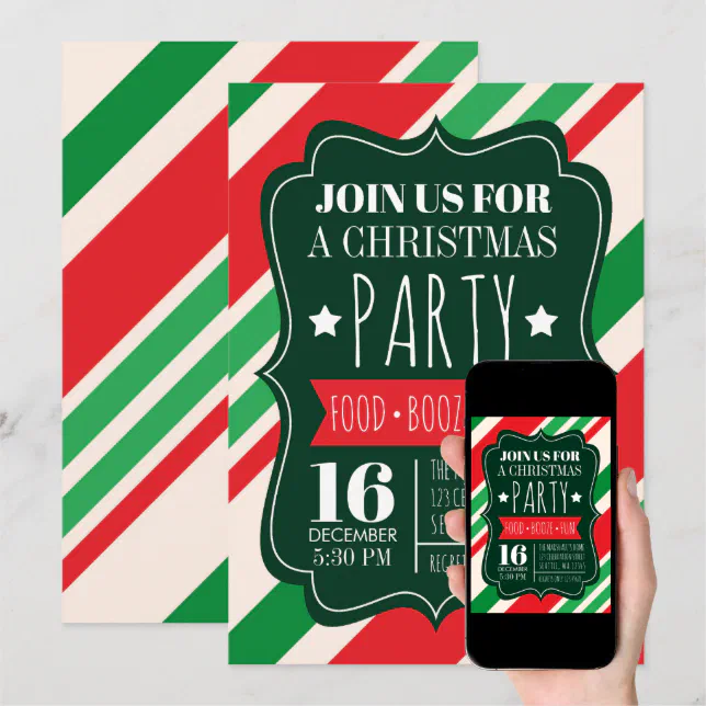Red and Green Stripes Christmas Party Invitation | Zazzle