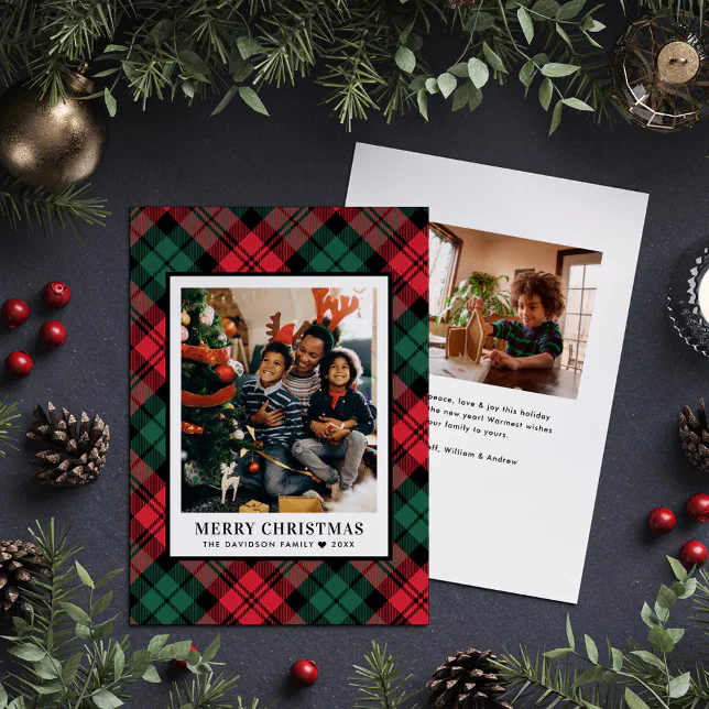 Red and Green Tartan Plaid Merry Christmas Photo Holiday Card | Zazzle