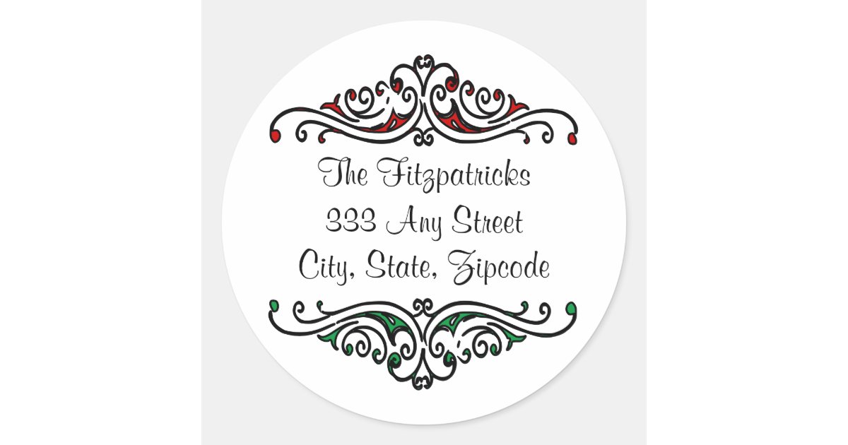 Red and Green Vintage Scrollwork and Fancy Font Classic Round Sticker ...