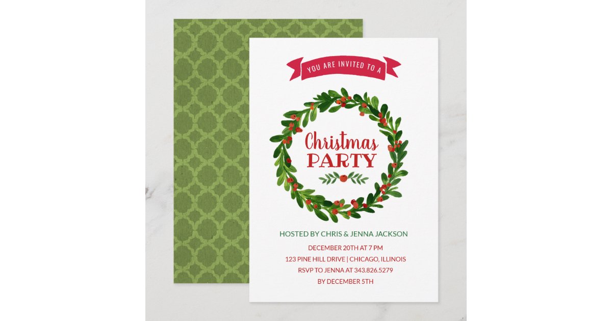 Red and Green Wreath Christmas Party Invitation | Zazzle