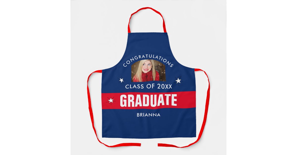 Red and Navy Blue Graduation Photo Apron | Zazzle