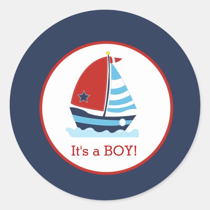 Red and Navy Sailboat Round Custom Favor Sticker | Zazzle