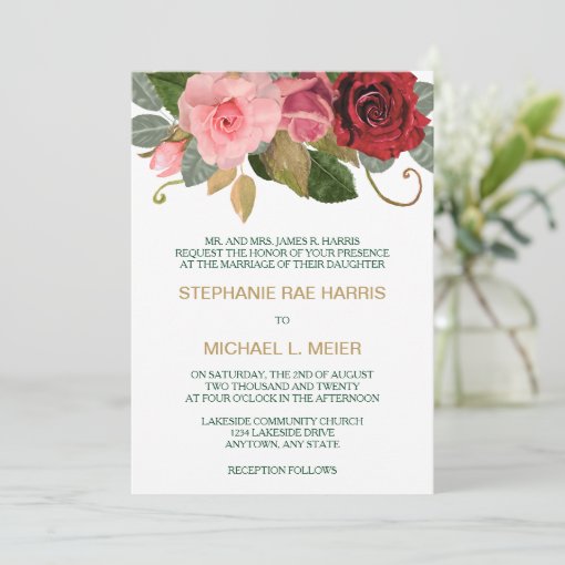 Red and Pink Rose Border Wedding Invitation | Zazzle