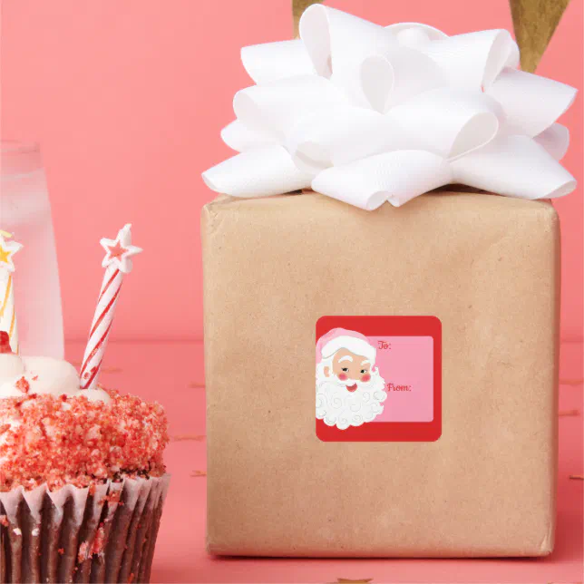 Red and Pink Santa Claus Christmas To From Square Sticker | Zazzle