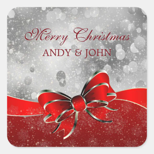 Red And Silver Bow Square Sticker | Zazzle