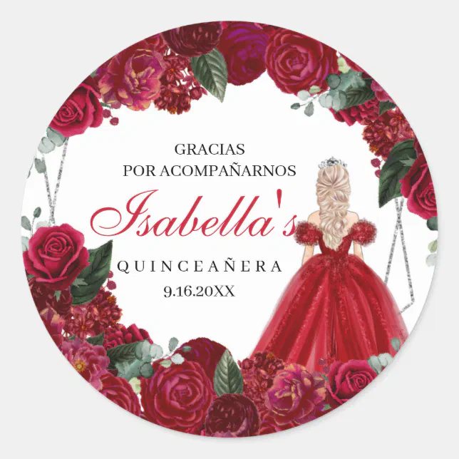 Red and Silver Floral Quinceanera Classic Round Sticker | Zazzle