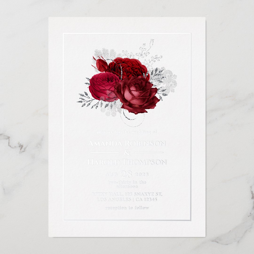 Red and Silver Floral Wedding Foil Invitation | Zazzle