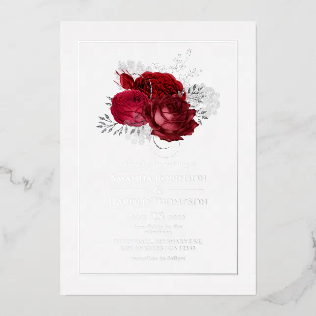 Red and Silver Floral Wedding Foil Invitation | Zazzle