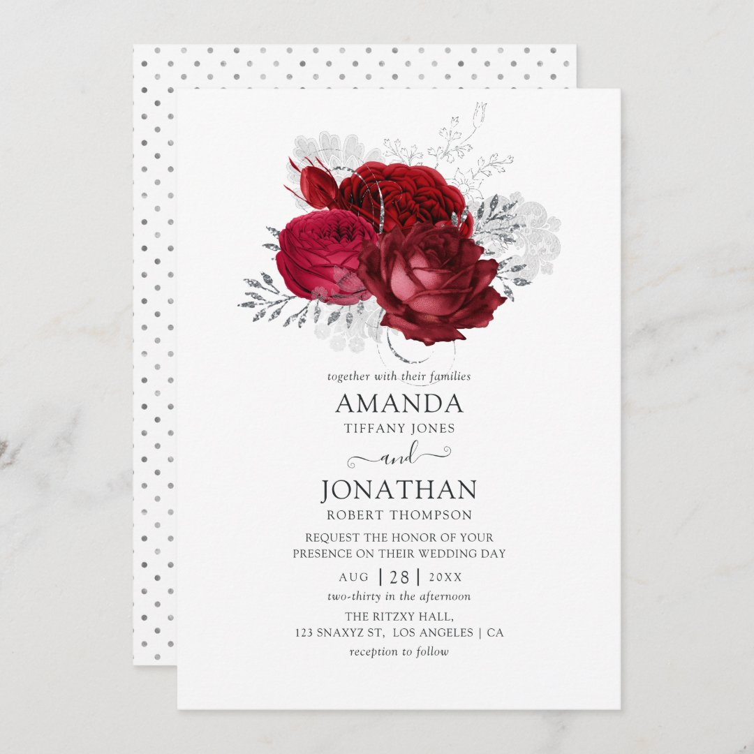 Red and Silver Floral Wedding Invitation | Zazzle
