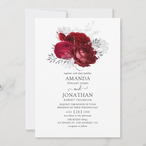 Red and Silver Floral Wedding Invitation | Zazzle