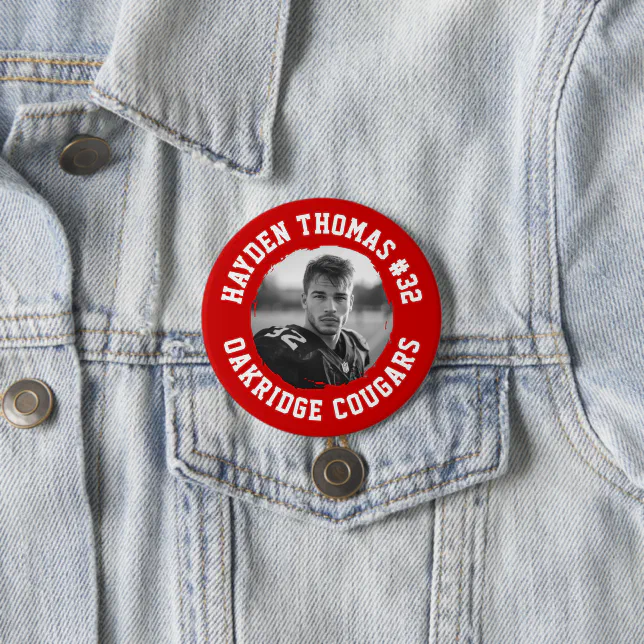 Red and White Athlete Name Jersey Number Photo Button | Zazzle