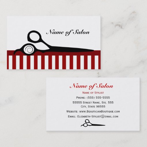 Red and White Barber Stripes Hair Salon Scissors Business Card | Zazzle