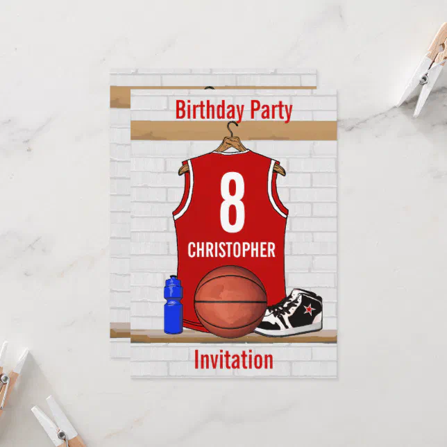 Red and White Basketball Jersey Birthday Party Invitation | Zazzle