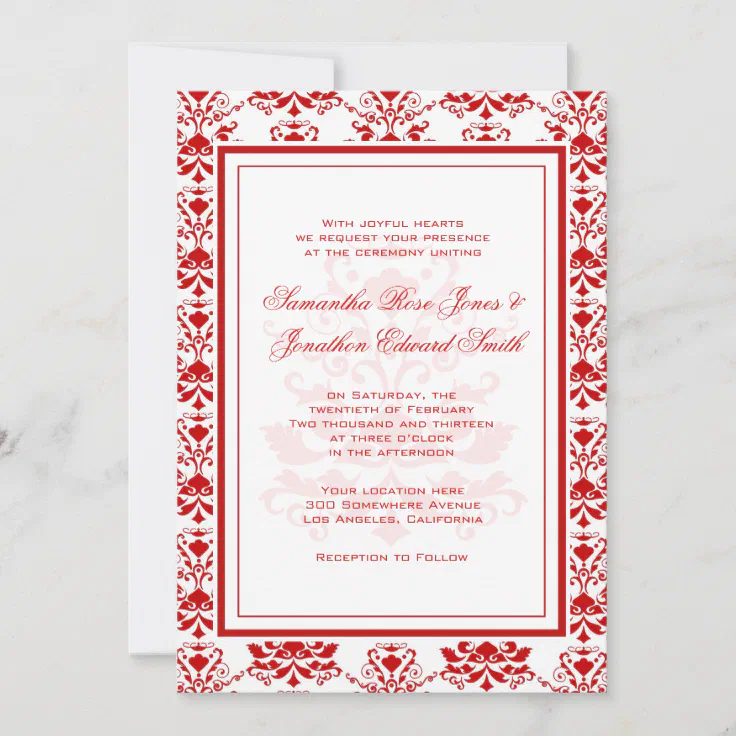Red and White Damask Elegant Wedding Invitation | Zazzle