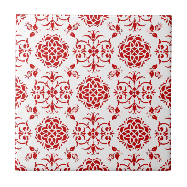 Red and White Floral Damask Style Pattern Tile | Zazzle