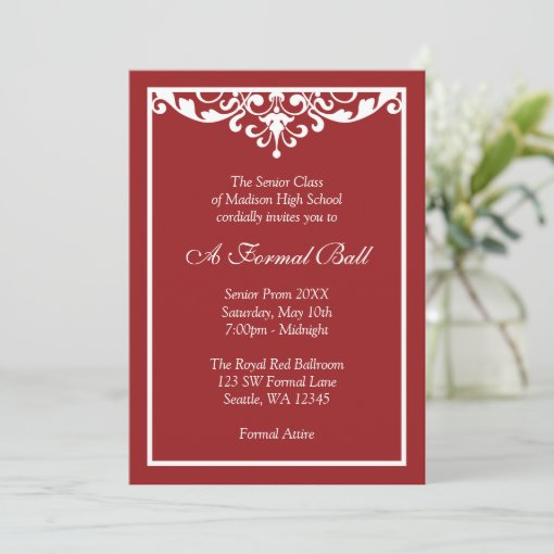 Red and White Flourish Formal Prom Dance Ball Invitation | Zazzle