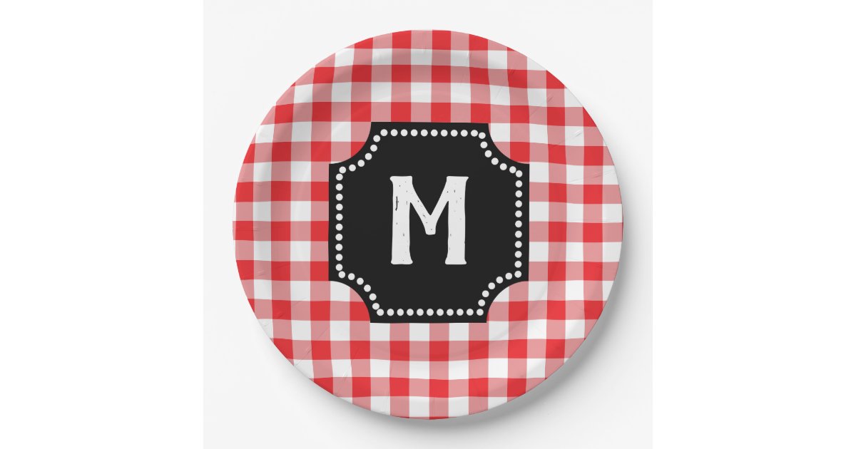 Red And White Gingham Buffalo Check Black Monogram Paper Plates | Zazzle