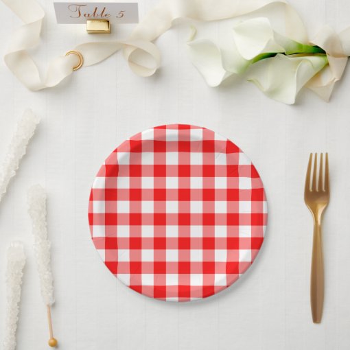 Red and White Gingham Pattern Paper Plates | Zazzle
