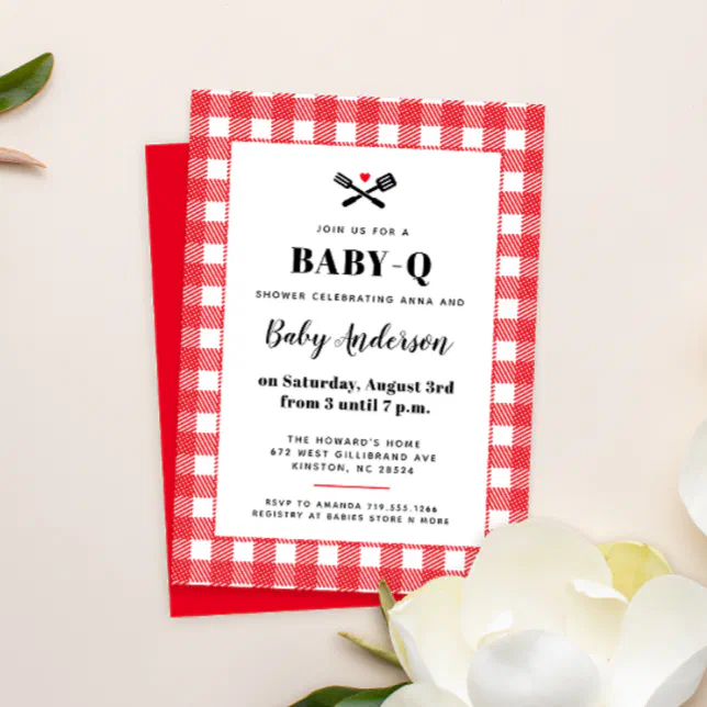 Red and White Gingham Plaid BBQ Baby Shower Invitation | Zazzle