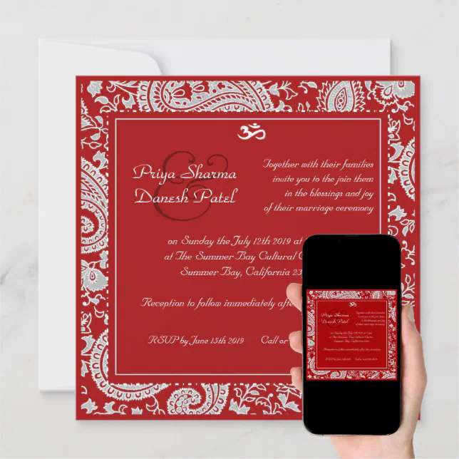 Red and white indian damask Hindu wedding Invitation | Zazzle