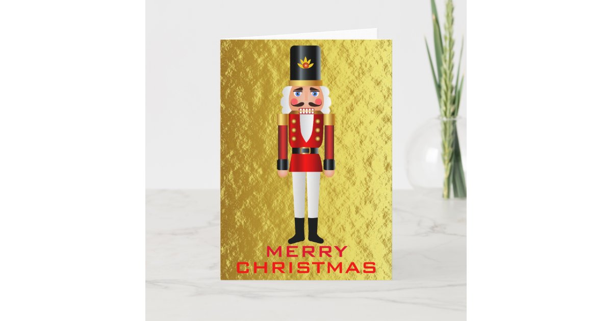 Red and White Nutcracker on Faux Gold Background Holiday Card | Zazzle