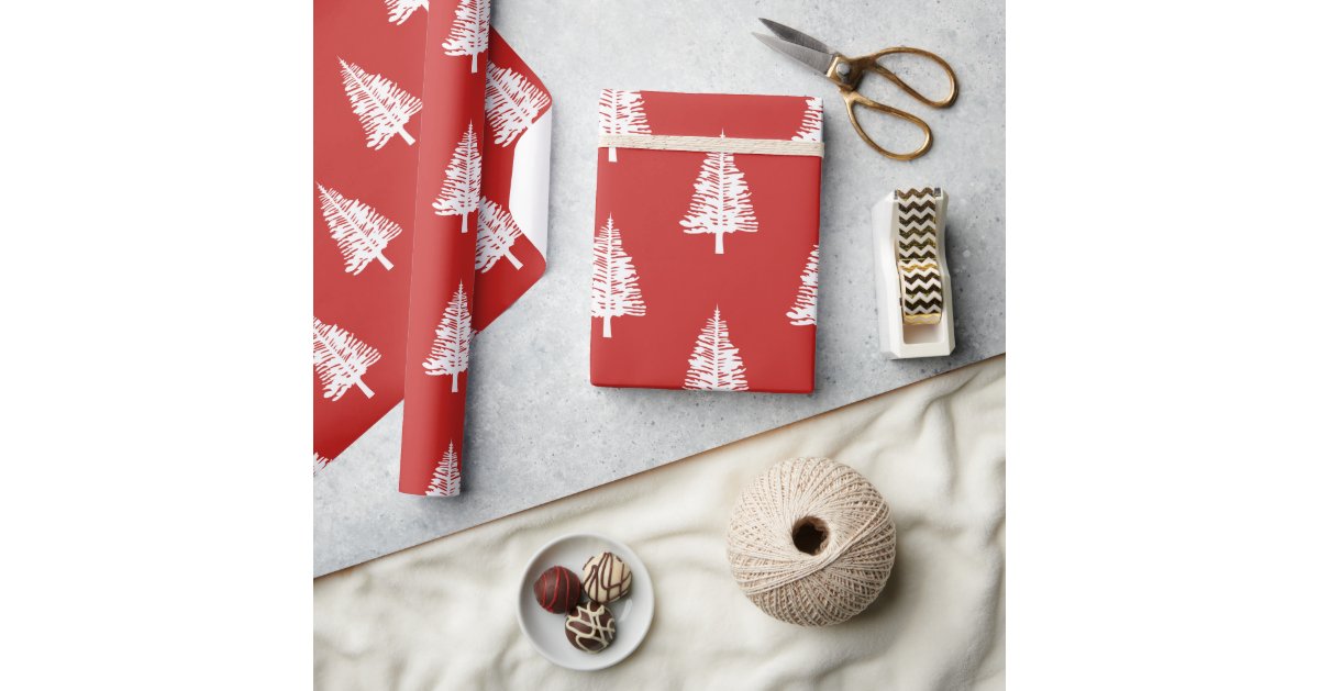 Red and White Pine Trees Christmas Wrapping Paper | Zazzle