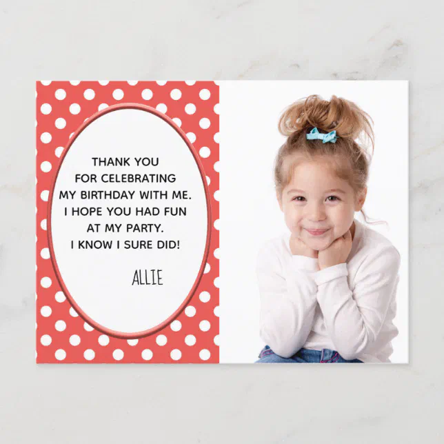 Red and White Polka Dot Birthday Photo Thank You Postcard | Zazzle