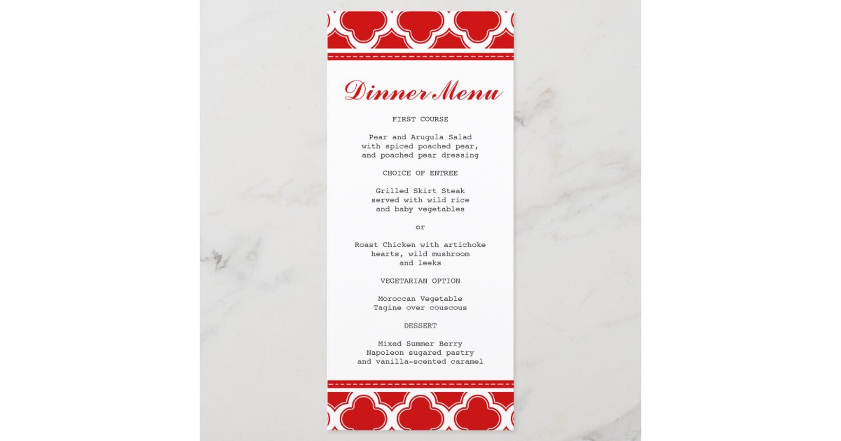 Red and White Quatrefoil Slim Dinner Menu | Zazzle