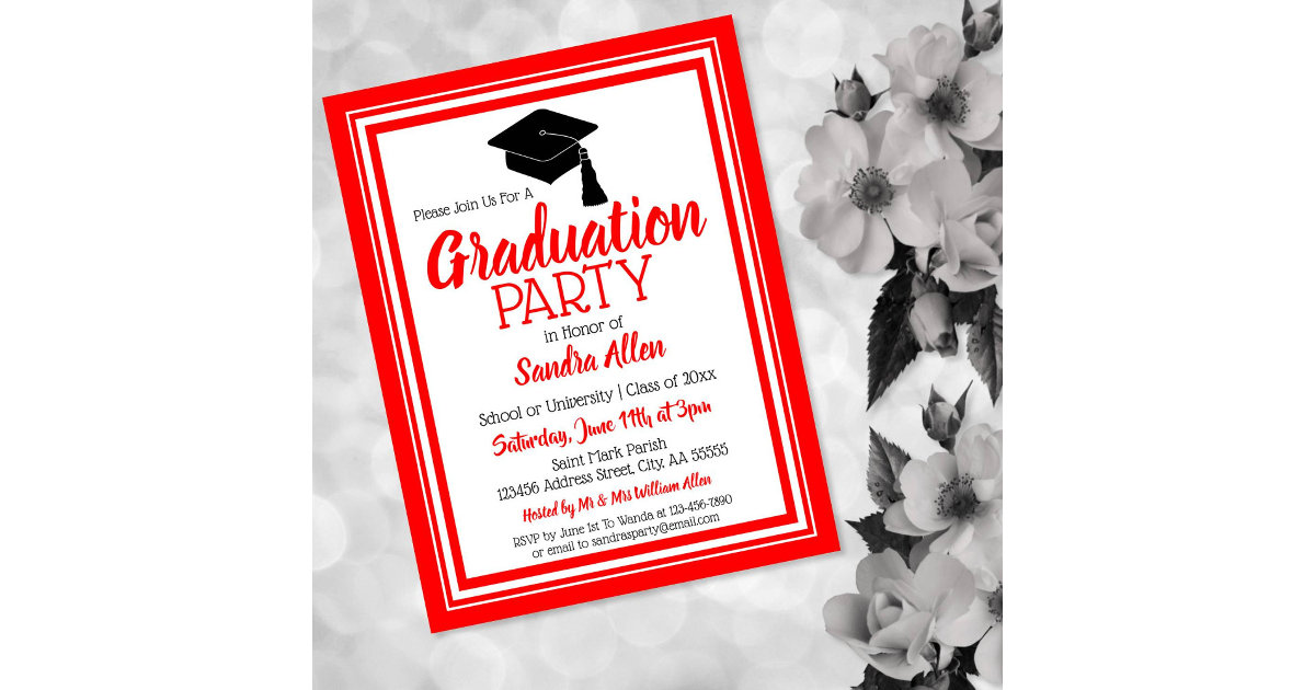 Red and White School Colors Grad Party Invitation Postcard | Zazzle