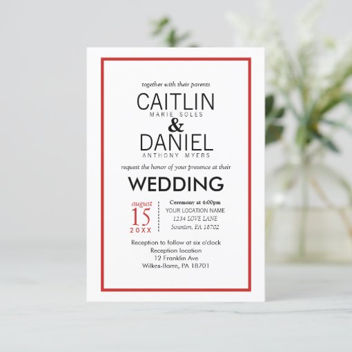 Red and White Simple Border Wedding Invite | Zazzle