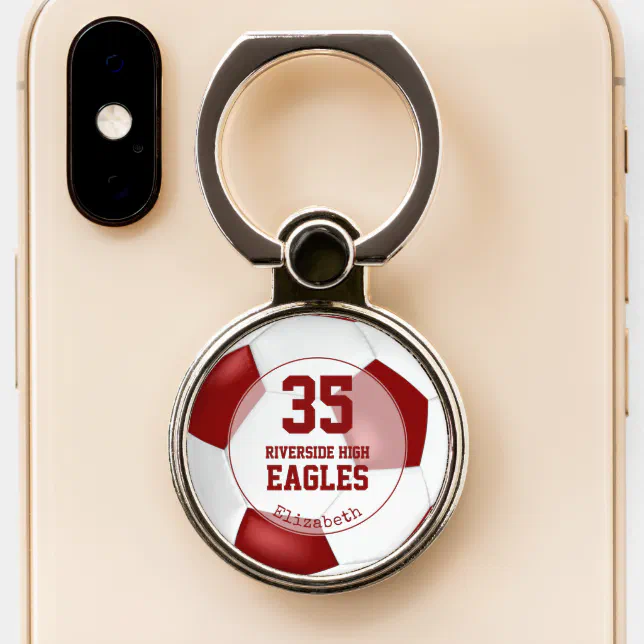 red and white simple soccer ball personalized phone ring stand | Zazzle