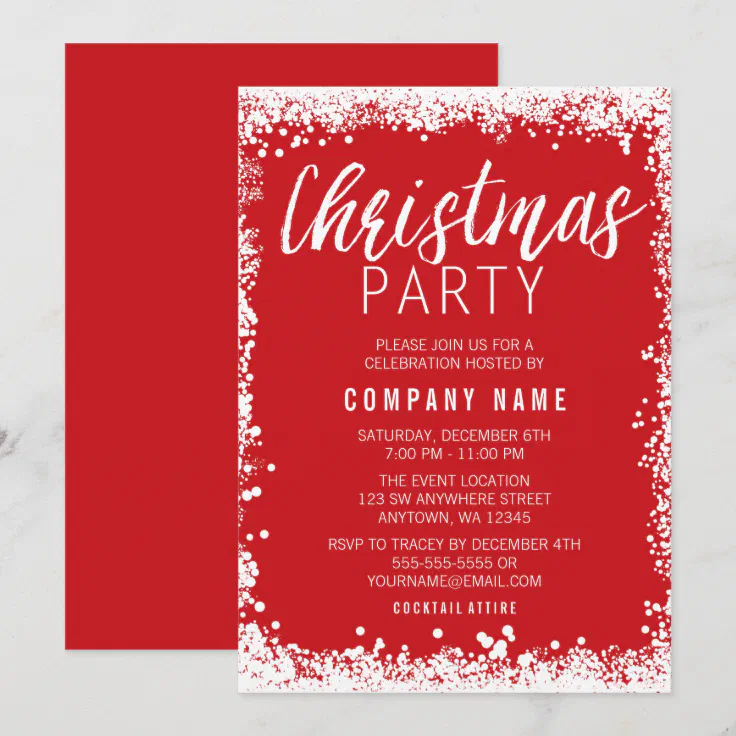 Red and White Snow Border Christmas Party Invitation | Zazzle
