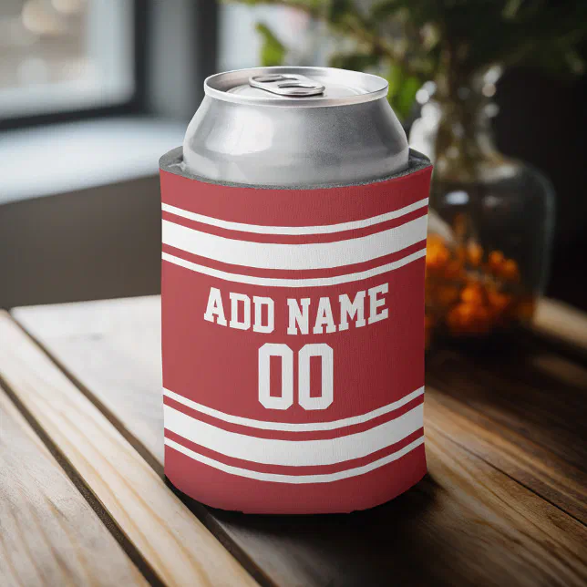 Red and White Stripes with Name and Number Can Cooler | Zazzle