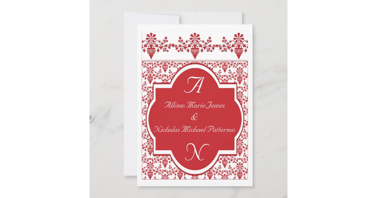 Red and White Wedding Invitation damask | Zazzle
