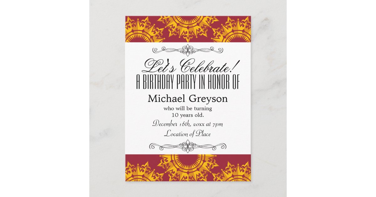Red and Yellow Royalty Print Invitation Postcard | Zazzle