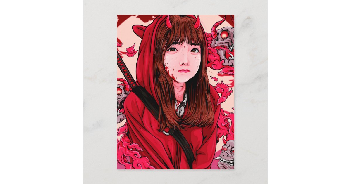 Red Anime Demon Slayer Girl Postcard | Zazzle