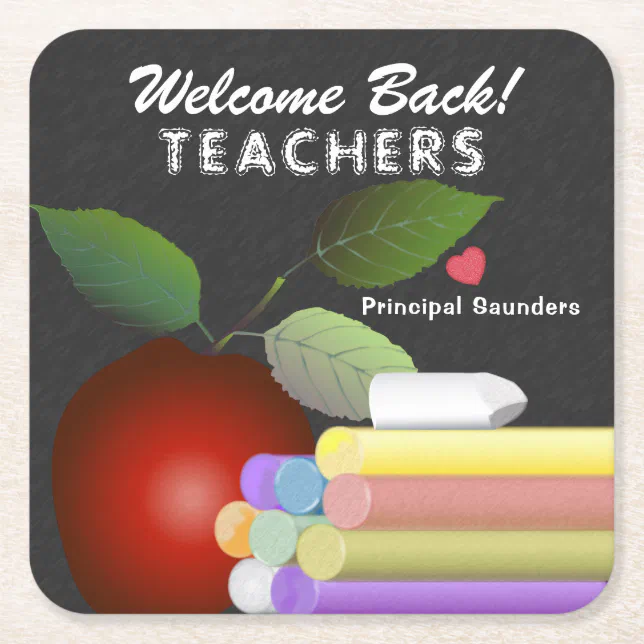Red Apple and Chalk | Teacher Appreciation Square Paper Coaster | Zazzle