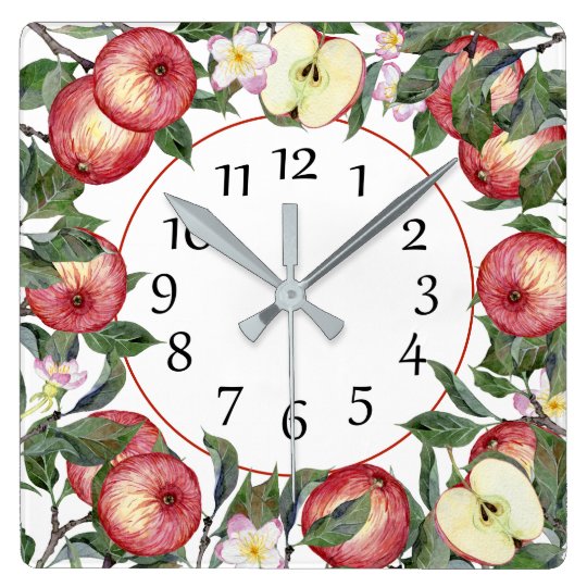 Red Apple Blossoms Green Leaves Wall Clock | Zazzle
