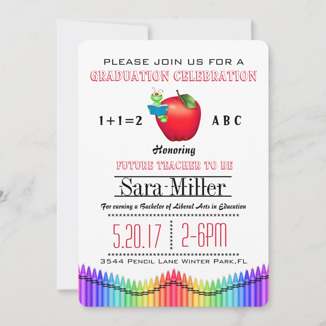 Red Apple/ Crayon Teacher Graduation Invitation | Zazzle