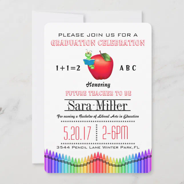 Red Apple/ Crayon Teacher Graduation Invitation | Zazzle