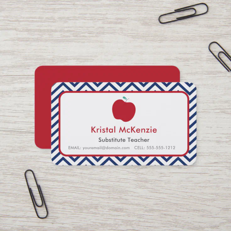 Red Apple & Navy Chevron Teacher Business Cards | Zazzle