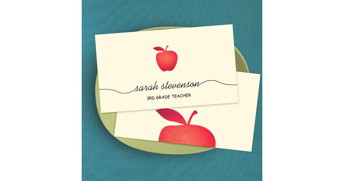 Red Apple School Teacher Simple Pale Yellow Business Card | Zazzle