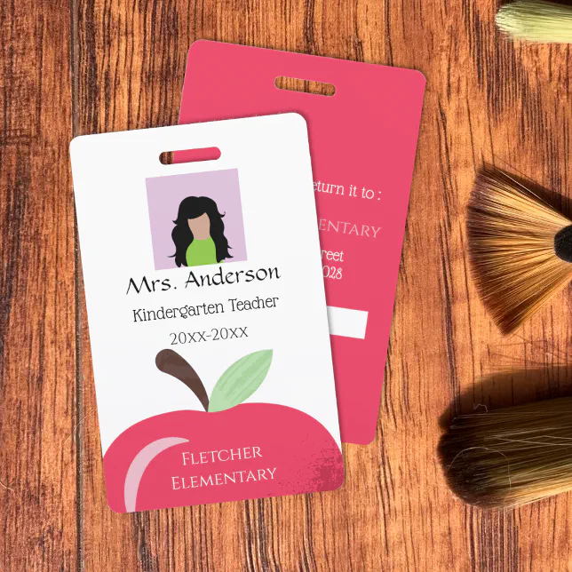Red Apple Teacher White Photo ID Badge | Zazzle