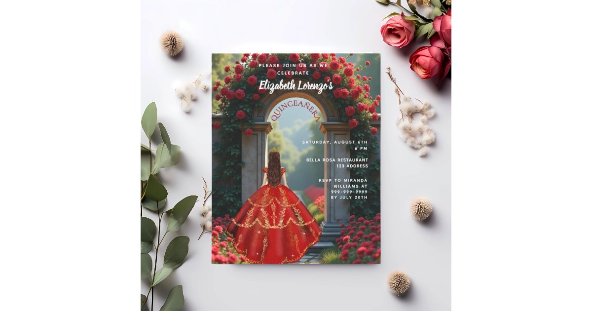 Red arch dress roses Quinceanera invitation | Zazzle