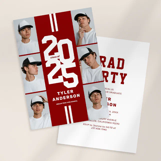 Red Athletic Grad Photo Collage Graduation Party Invitation | Zazzle